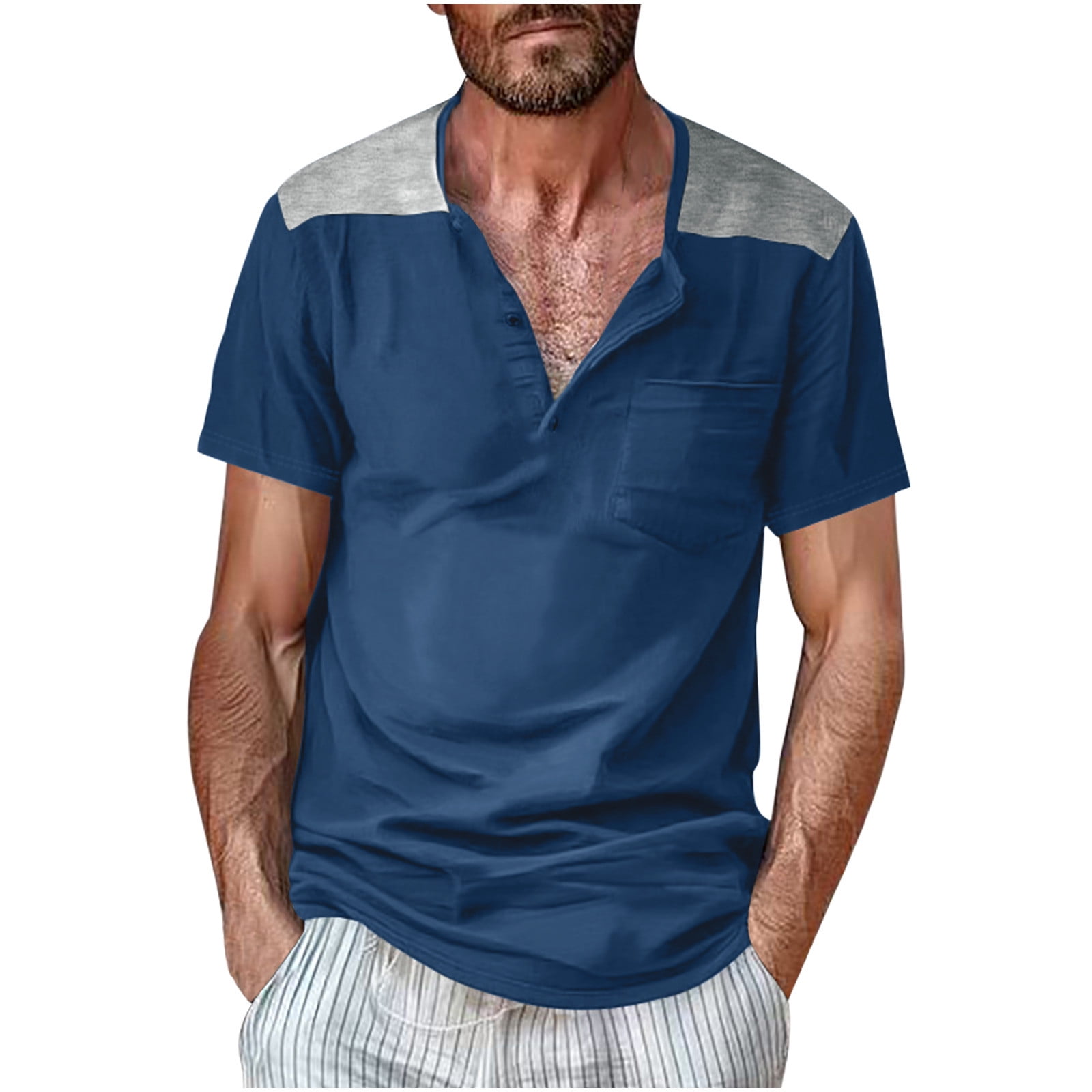 CHEEREAM Mens Short Sleeve Henley Casual Shirt Color Block Summer Beach ...