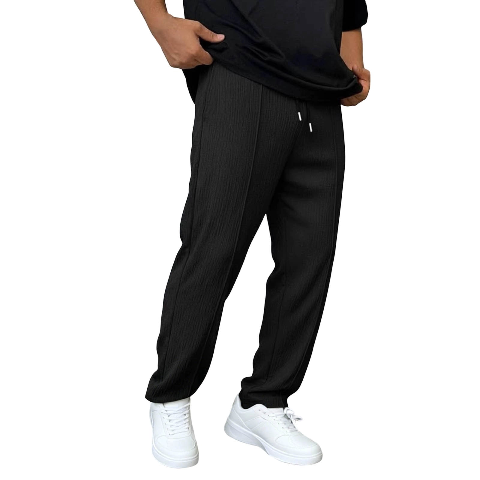 CHEEREAM Mens Straight Leg Pants Elastic Drawstring Waist Loose Fit ...