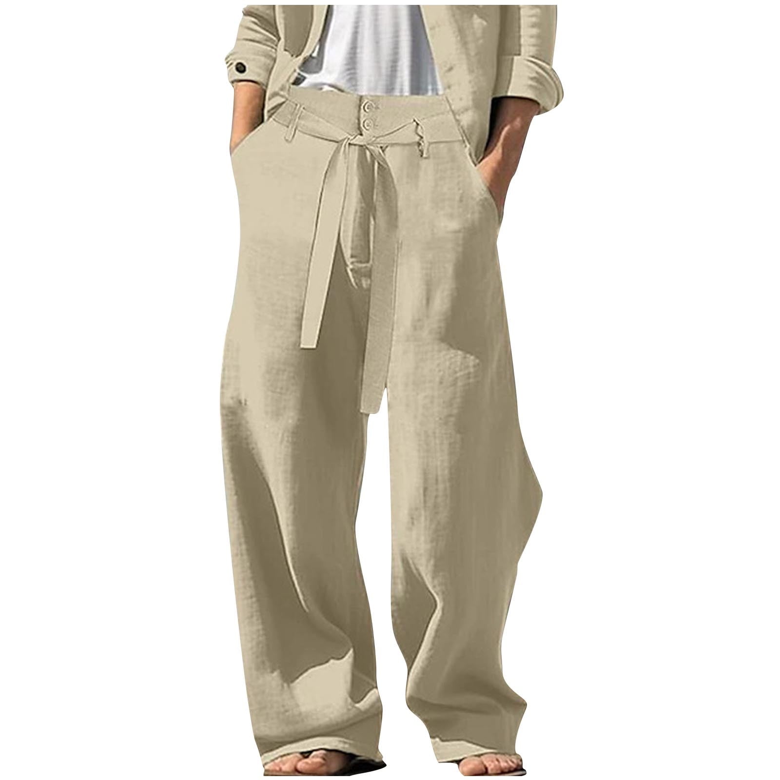 CHEEREAM Mens Wide Leg Pants Linen Pant Belted High Waisted Business ...