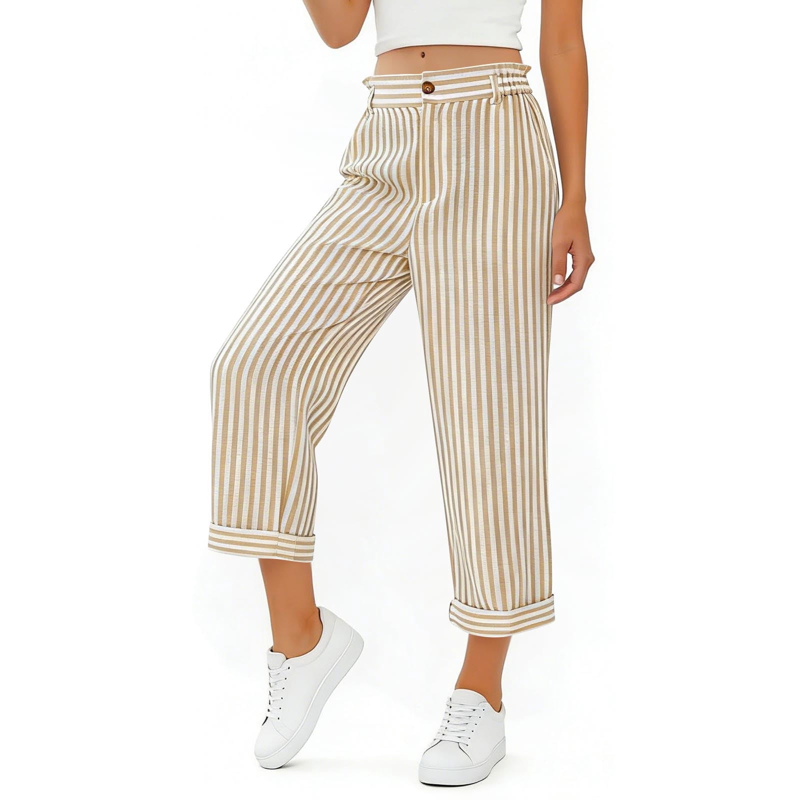 CHEEREAM Trendy Pants for Womens Baggy Striped High Waist Dressy Casual ...