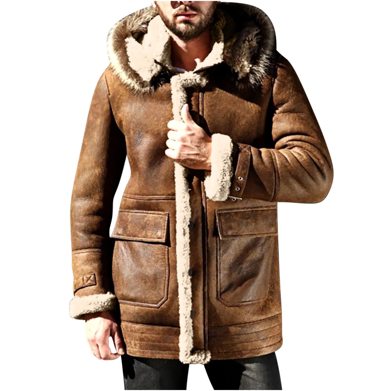 CHEEREAM Winter Coats for Men Shearling Leather Coat Faux Suede Sherpa ...