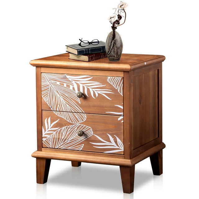 CHEERFUN 2 Drawer Wood Nightstand Bohemian Side Table with Leaf Design for Bedroom - Walmart.com