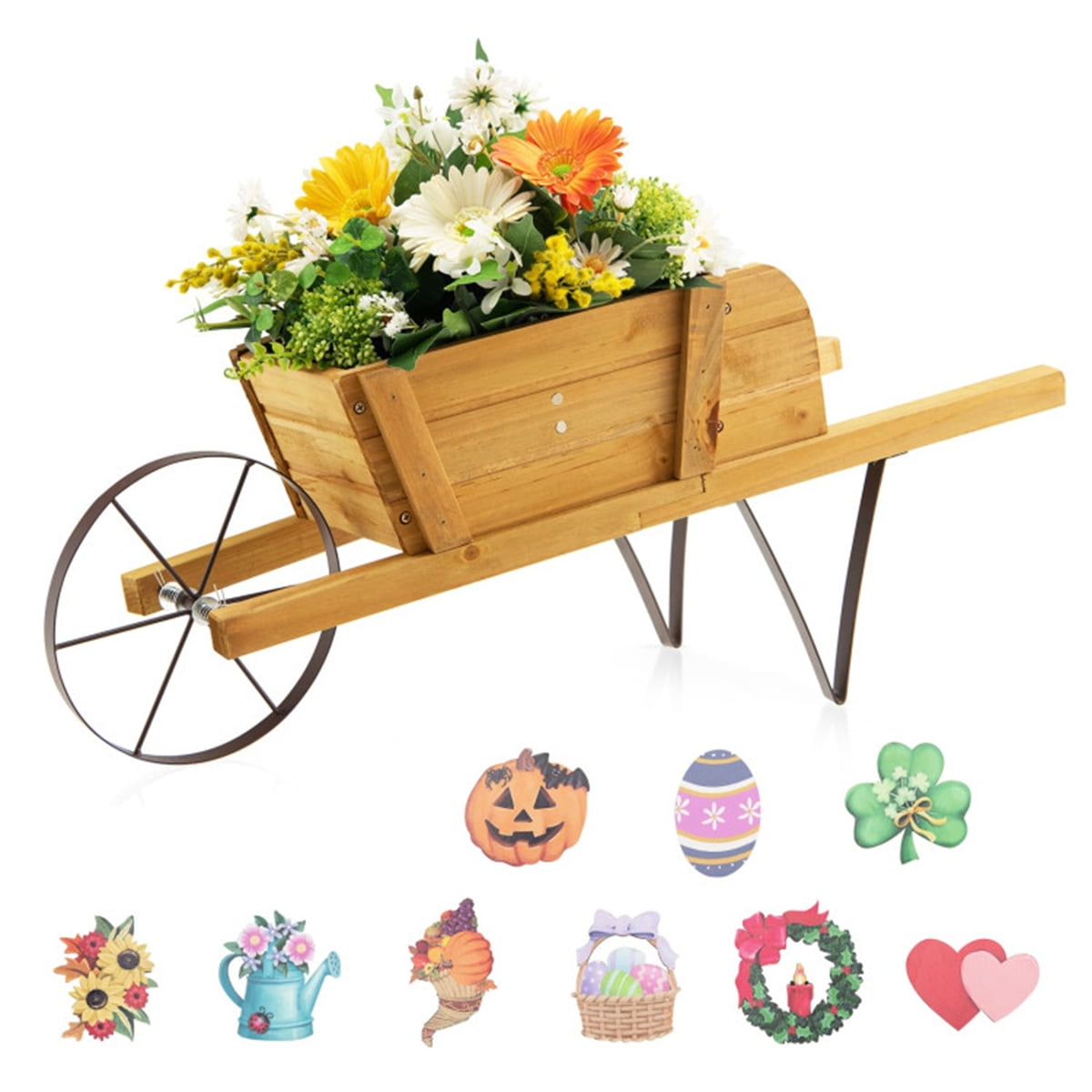 CHEERFUN 2-in-1 Wooden Wheelbarrow Planter, Rustic Garden Wagon with 9 ...