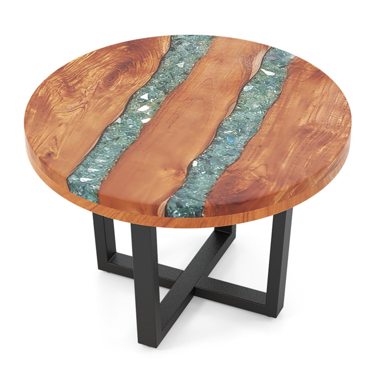 CHEERFUN 24-Inch Round Side Table with Epoxy Resin Top, Rustic Wood End ...