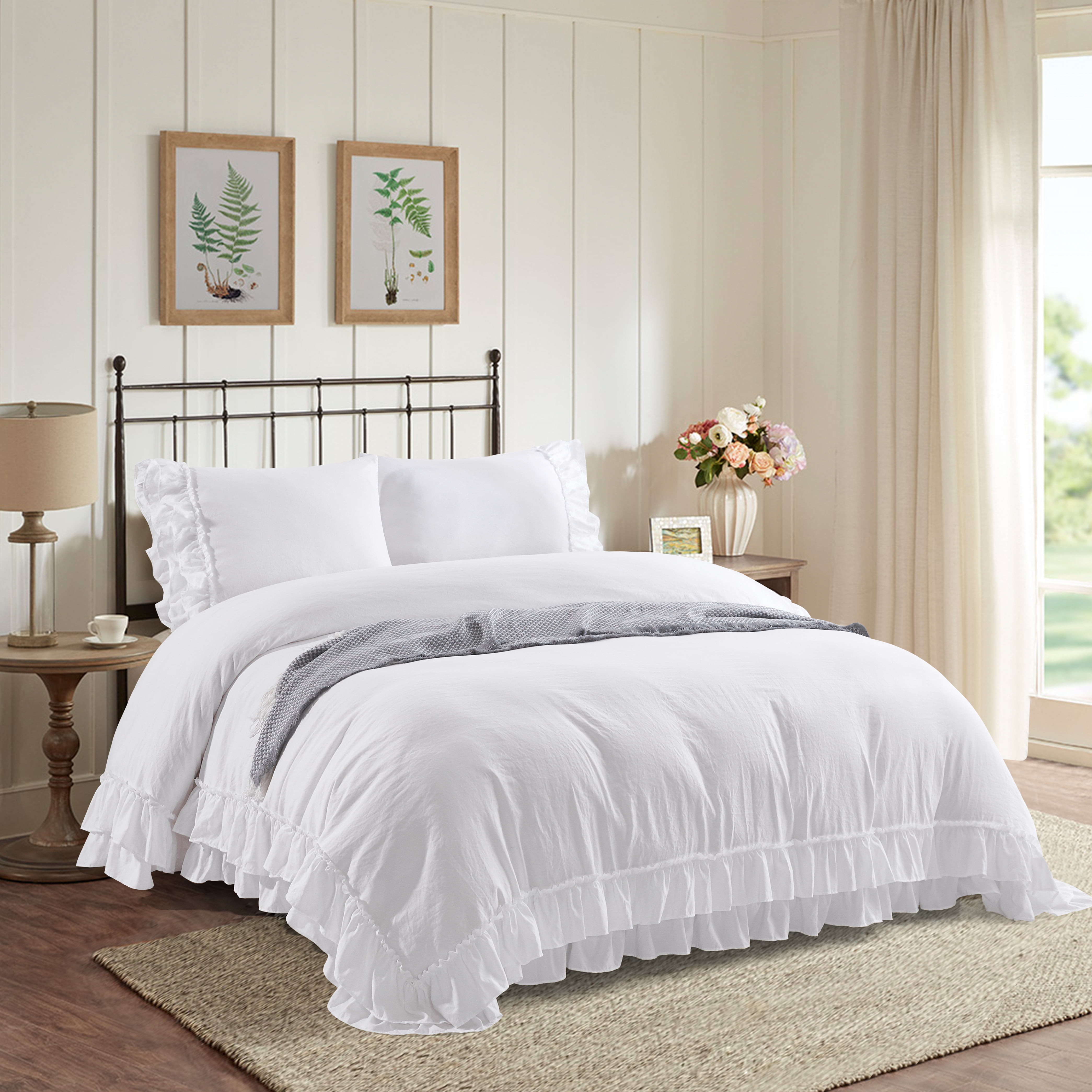 CHEERFUN 3 Piece Farmhouse Ruffled Duvet Cover Set with 2 Shams, Soft ...