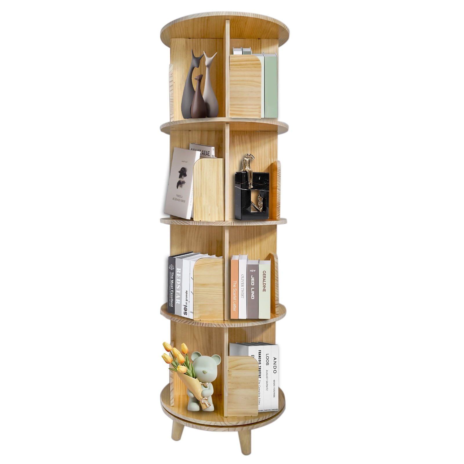 CHEERFUN 4-Layer Rotating Bookcase 360° Rotating Display Rack Pine Wood ...