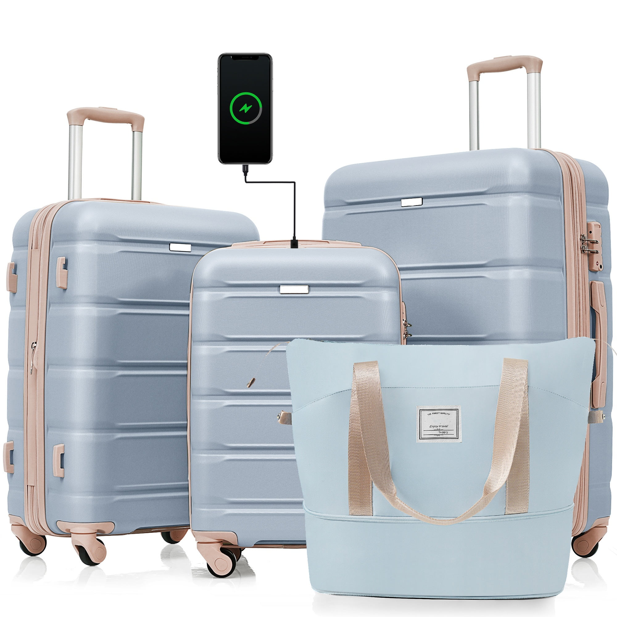 CHEERFUN 4-Piece Luggage Set with USB Port, Expandable ABS Durable ...