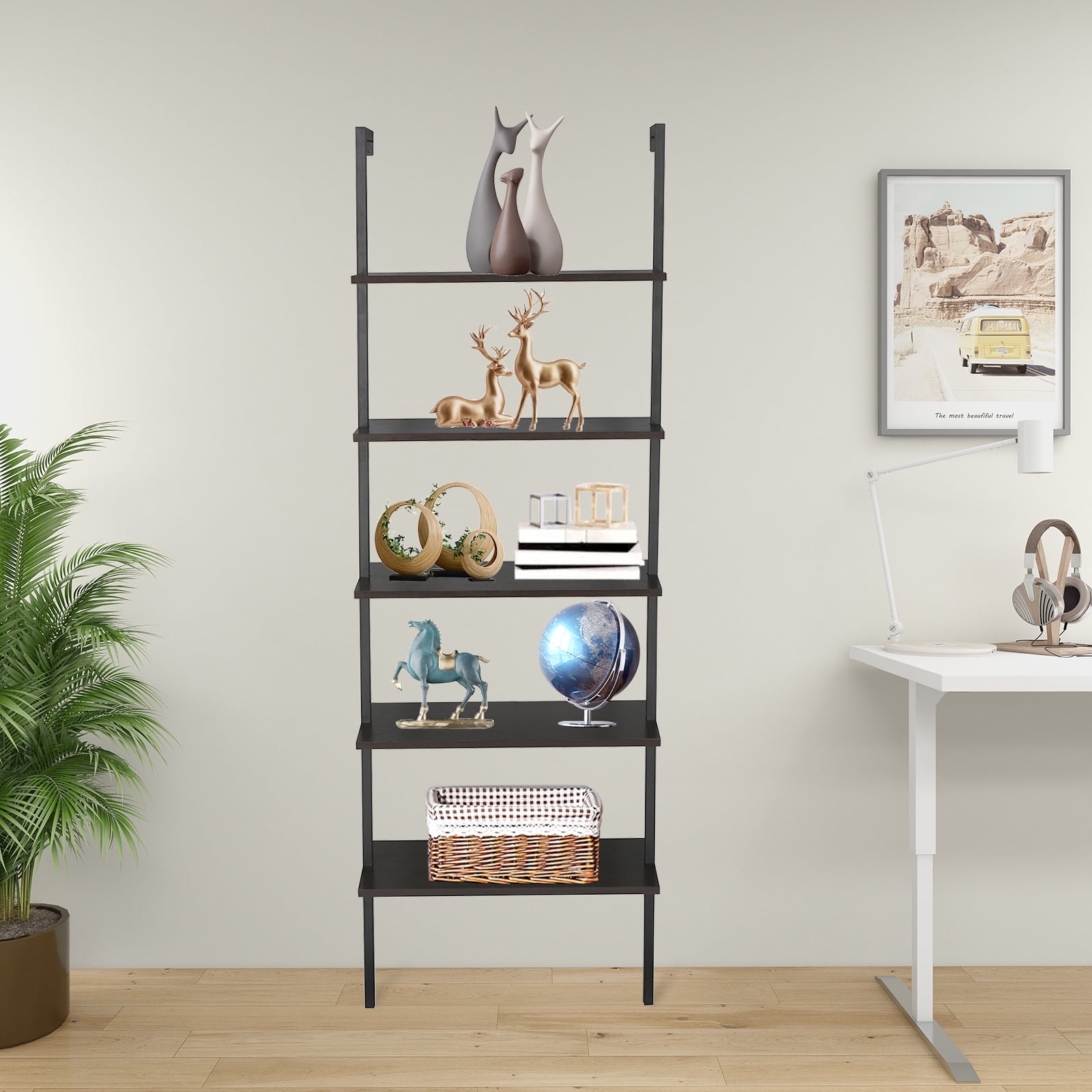 CHEERFUN 5-Shelf Wood Ladder Bookcase with Metal Frame, Industrial 5 ...