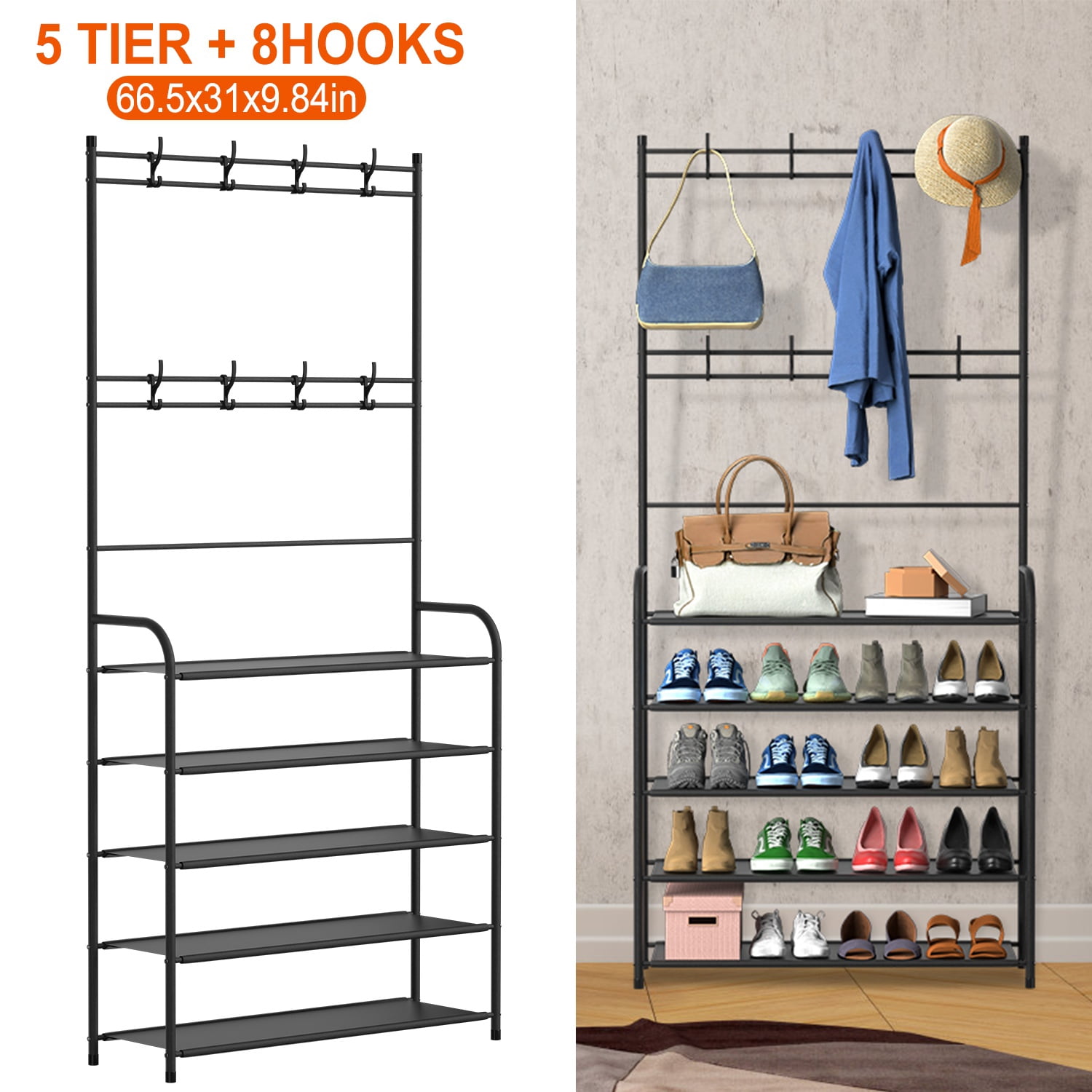CHEERFUN 5 Tier Hall Tree Coat Rack Shoe Storage Organizer with 8 Hooks ...