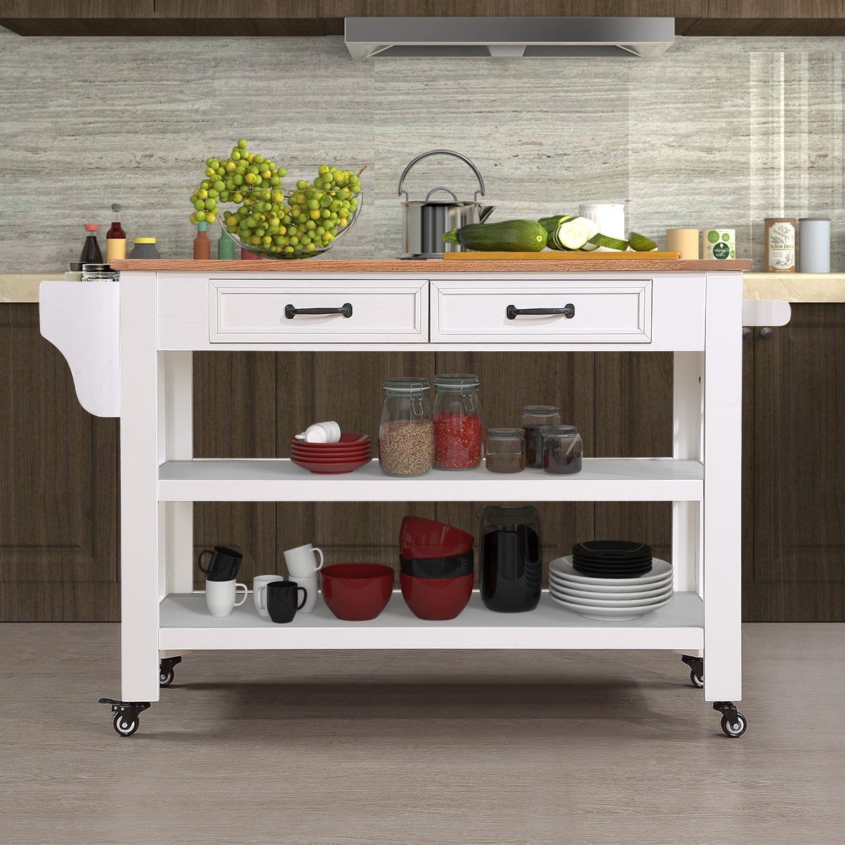 CHEERFUN 57 Inch Rolling Kitchen Island with Storage, Solid Oak Wood ...