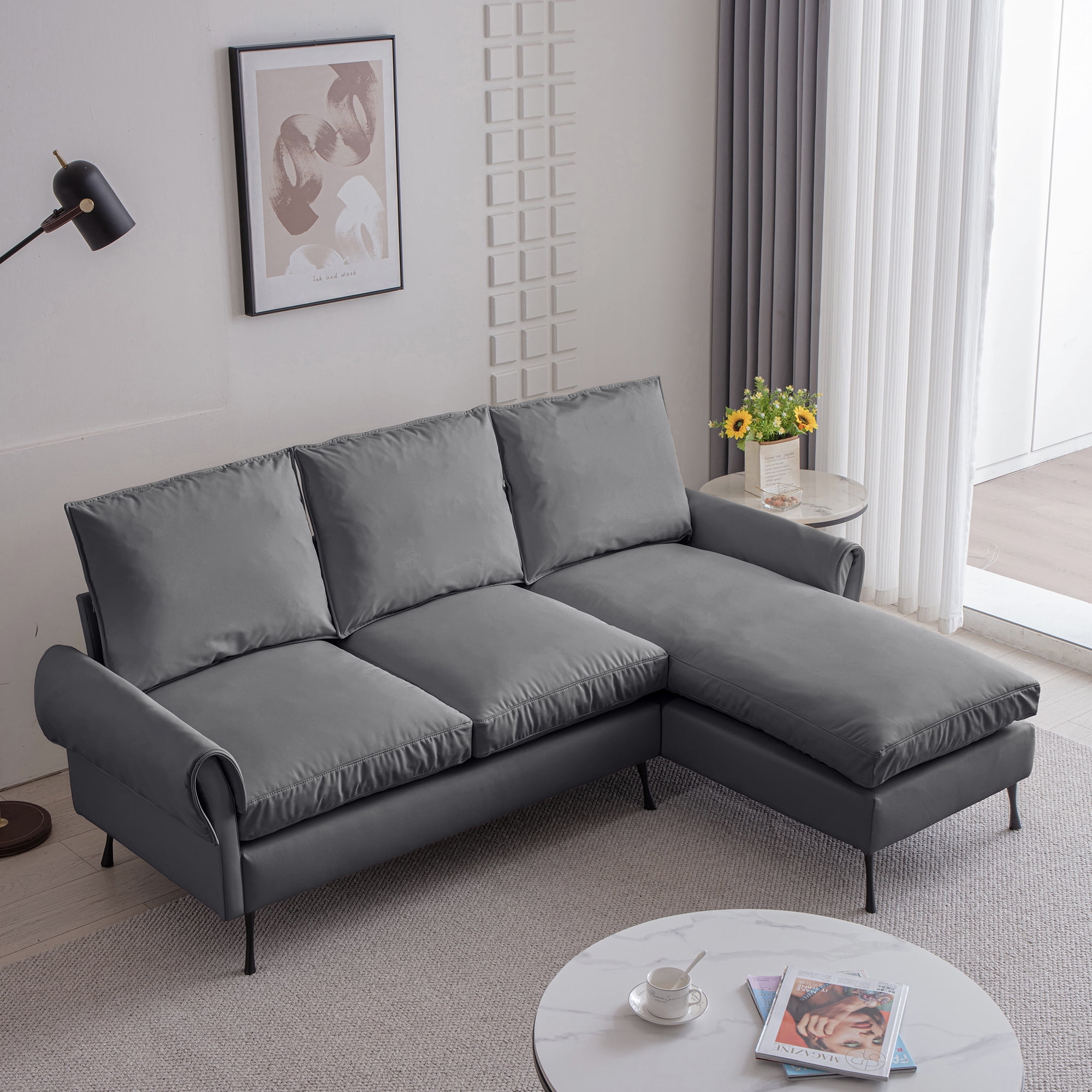 CHEERFUN 81 Inch L Shaped Sectional Sofa Faux Leather Couch with ...