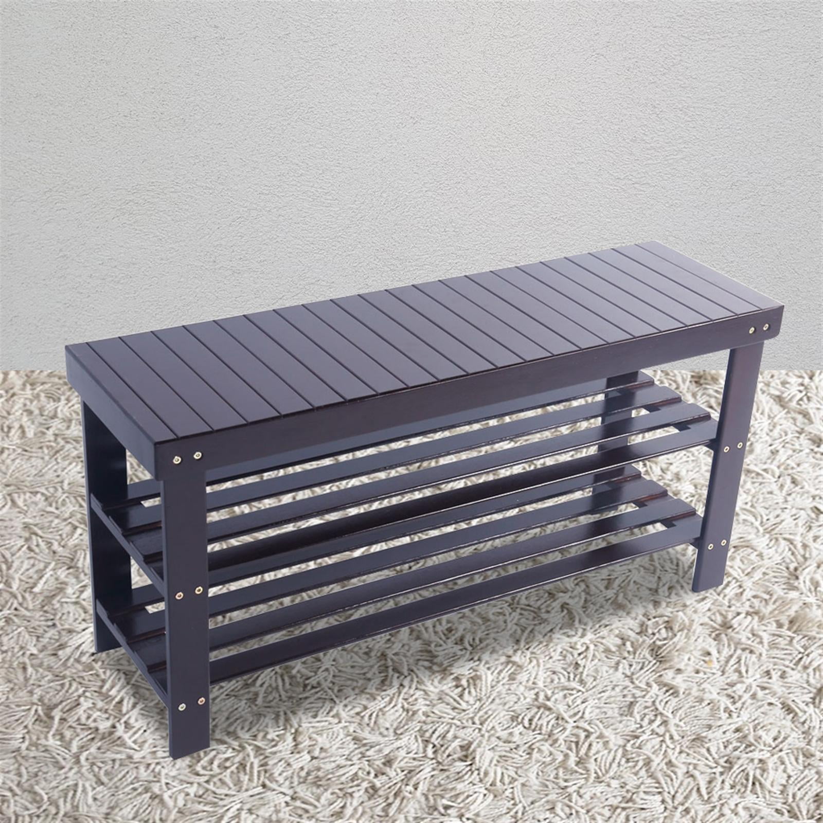 CHEERFUN 90cm Bamboo Shoe Rack Bench with 3 Tiers and Strip Pattern ...