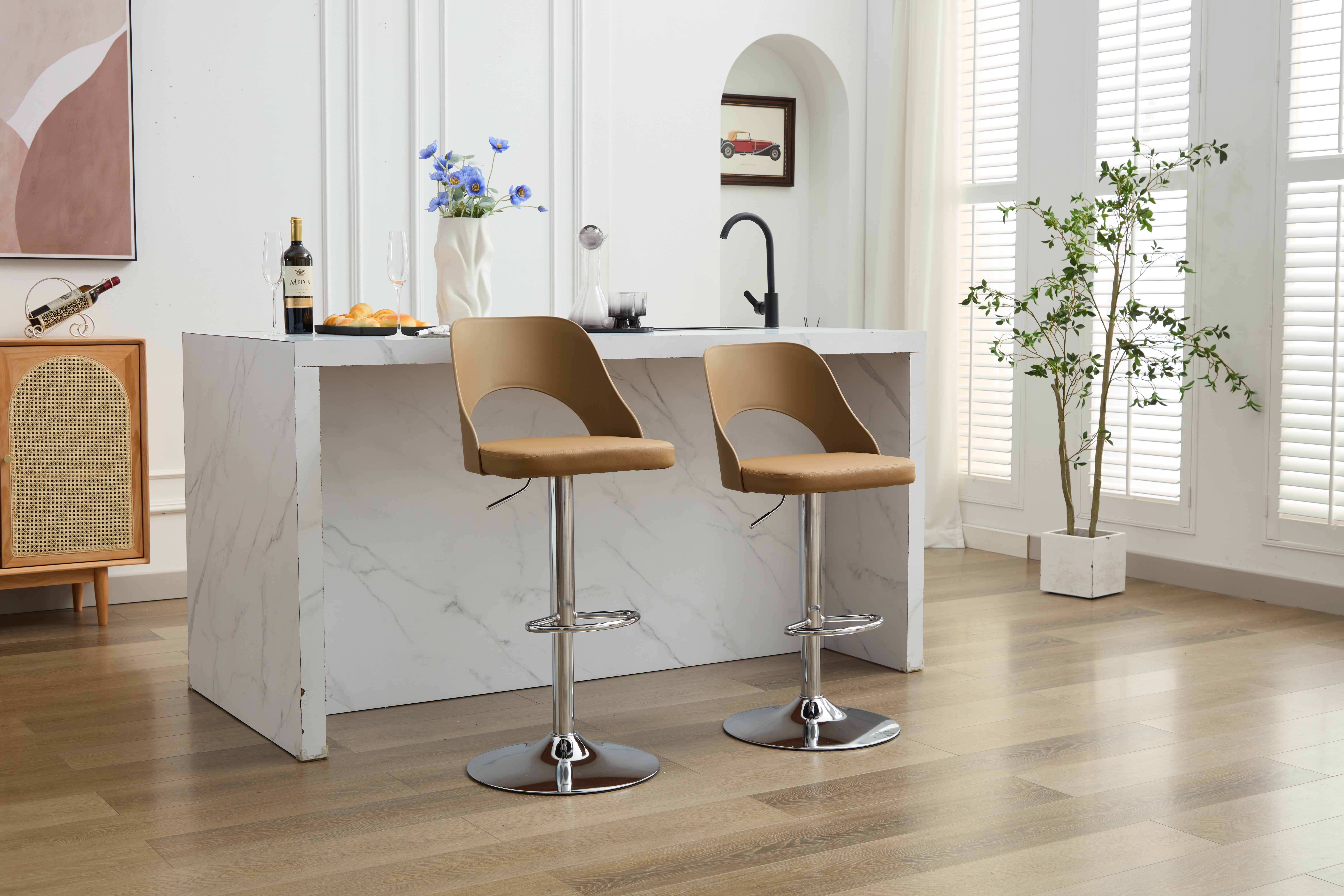 CHEERFUN Bar Stools Set of 2, Modern Brown PU Leather Counter Height ...