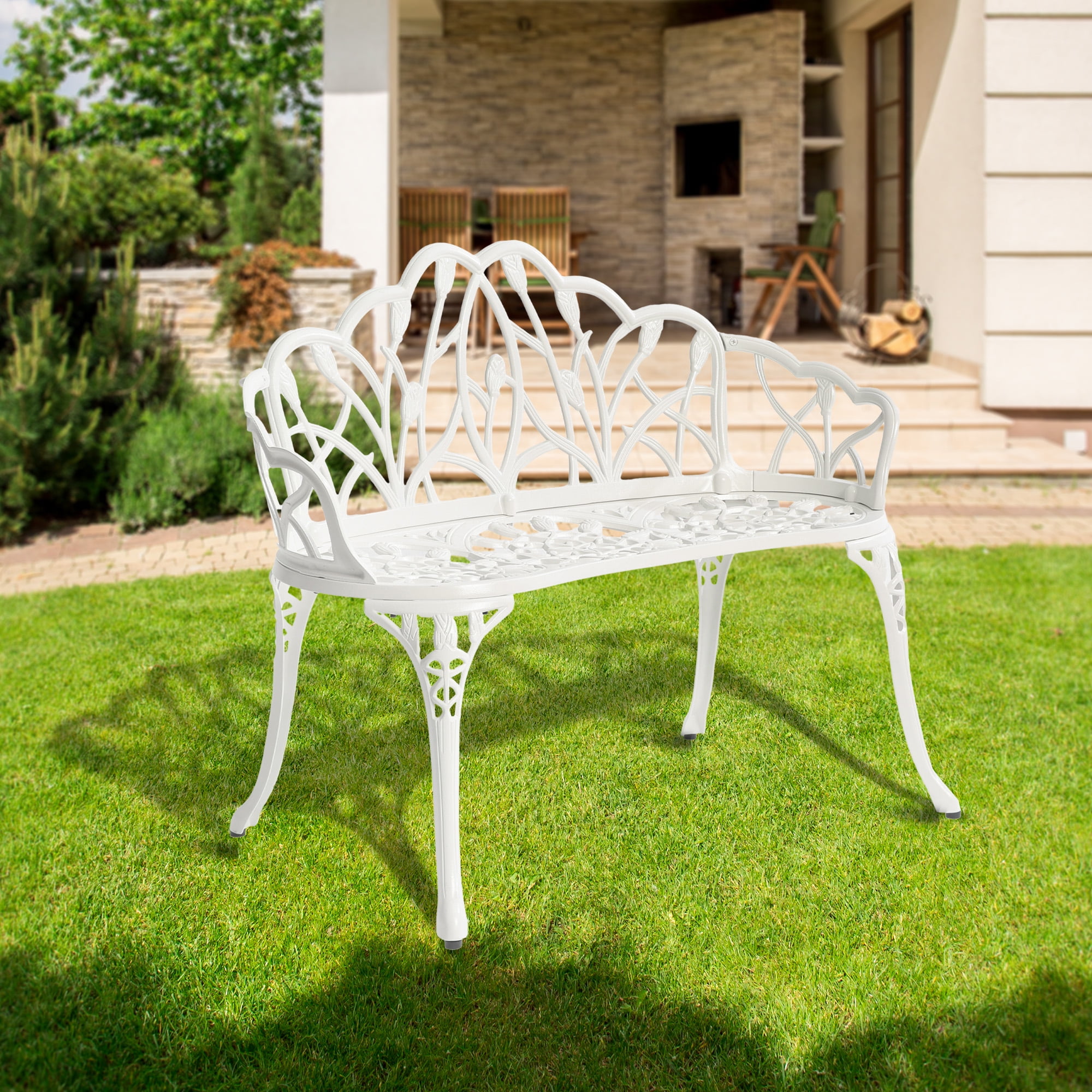 CHEERFUN Cast Aluminium Garden Bench Outdoor Patio Furniture with ...