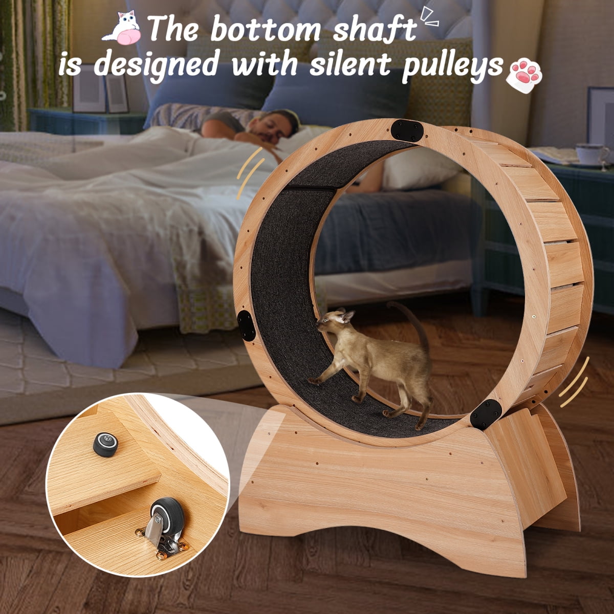 CHEERFUN Cat Running Wheel with Silent Pulleys, Wooden Exercise Wheel ...