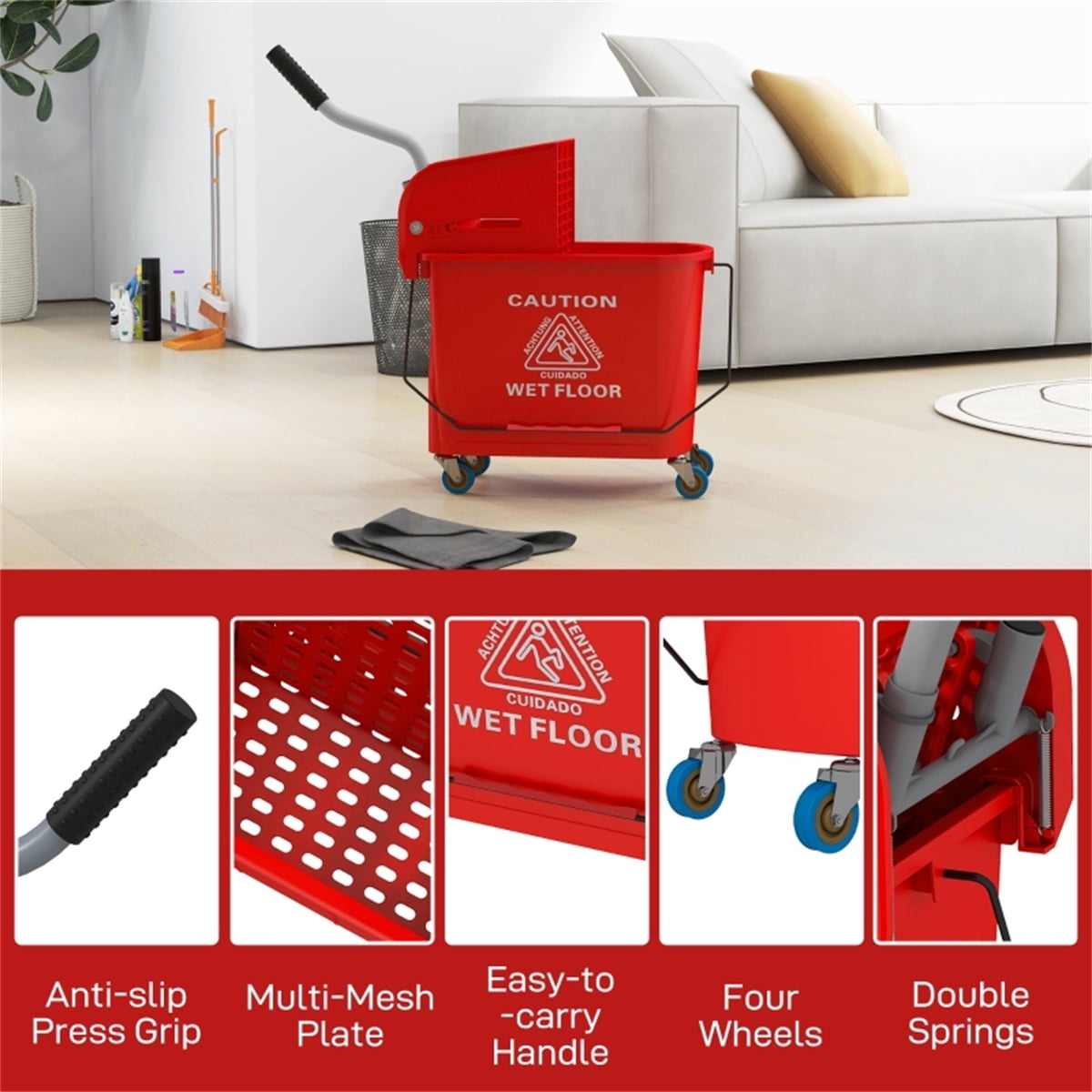 CHEERFUN Commercial Cleaning Bucket with Wheels, Wet Floor Sign, Anti ...