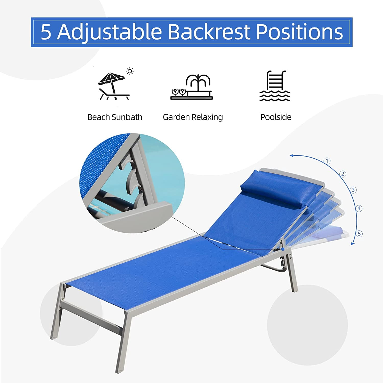 CHEERFUN Domi Outdoor Adjustable Aluminum Chaise Lounge Chair Set, 5 ...