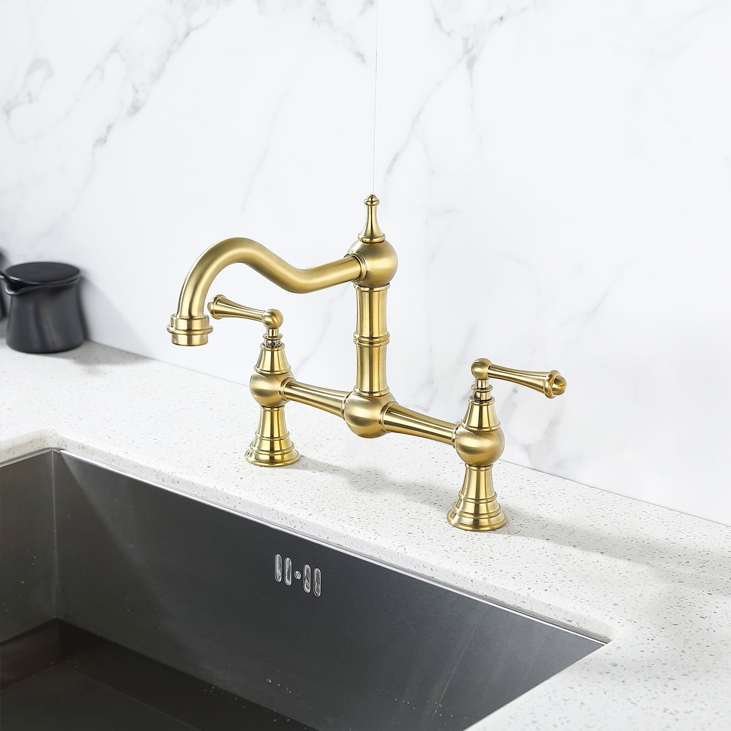 CHEERFUN Double Handle Widespread Kitchen Faucet with Traditional Brass ...
