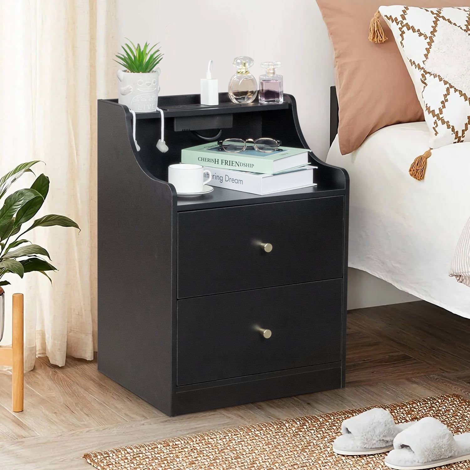 CHEERFUN FCH Black Particle Board Nightstand with Gold Handles, 2 ...