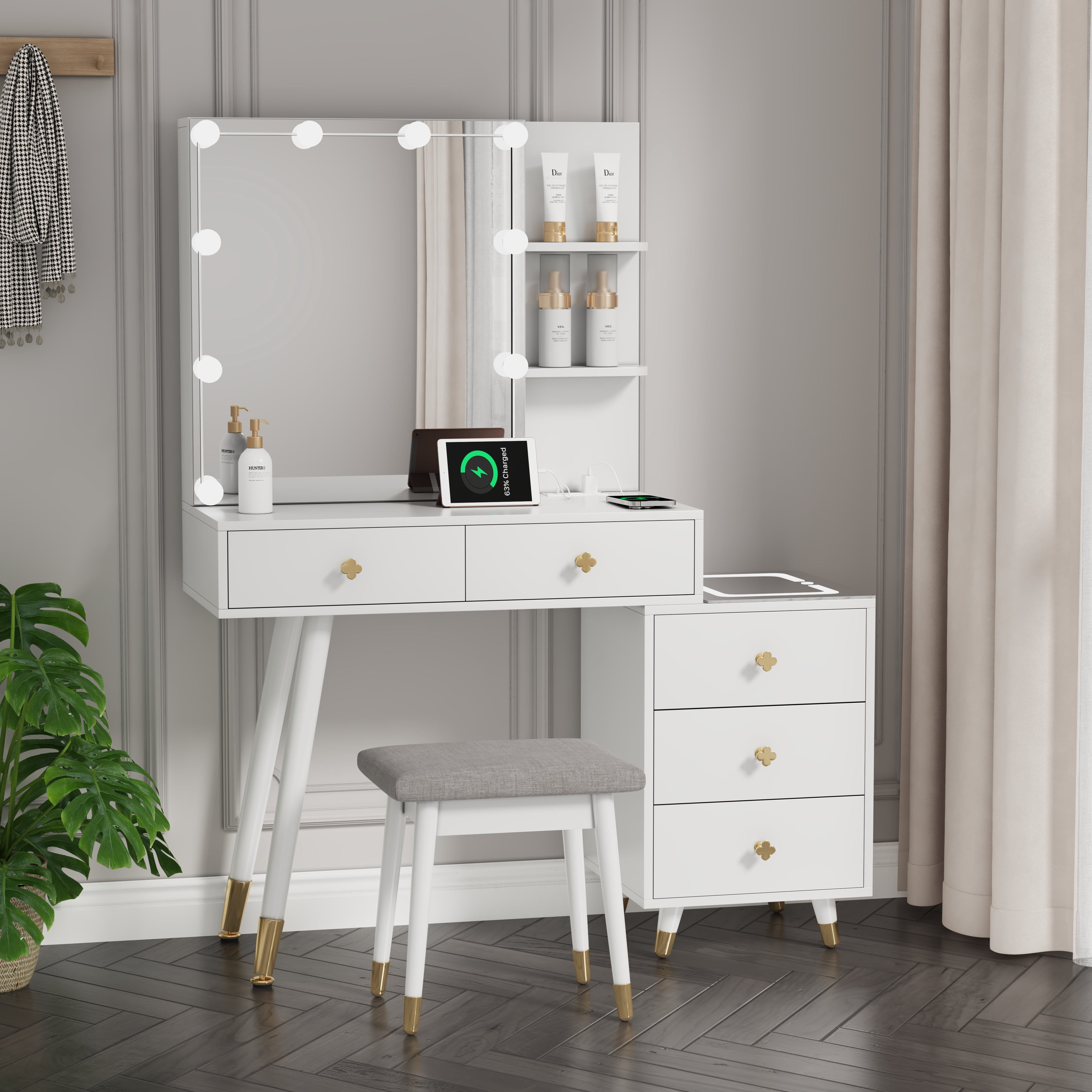 CHEERFUN FCH Vanity Table with Triamine Coating, Solid Wood Legs, 5 ...