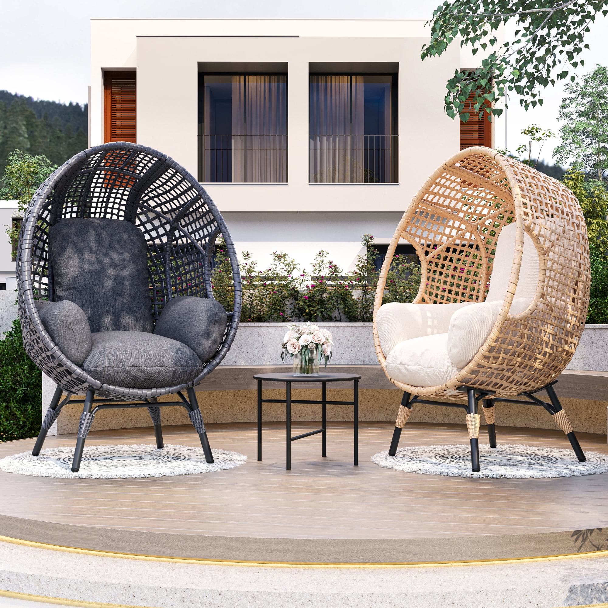 CHEERFUN Grid Style PE Wicker Weaving Patio Egg Chair with Beige ...
