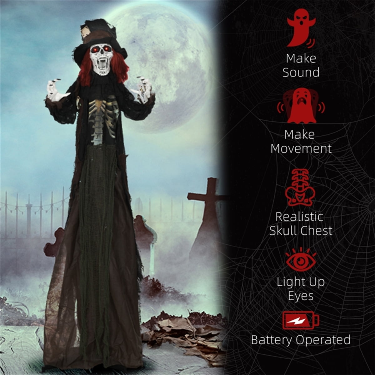 CHEERFUN Halloween Decoration Animated Skeleton with Light-Up Eyes ...