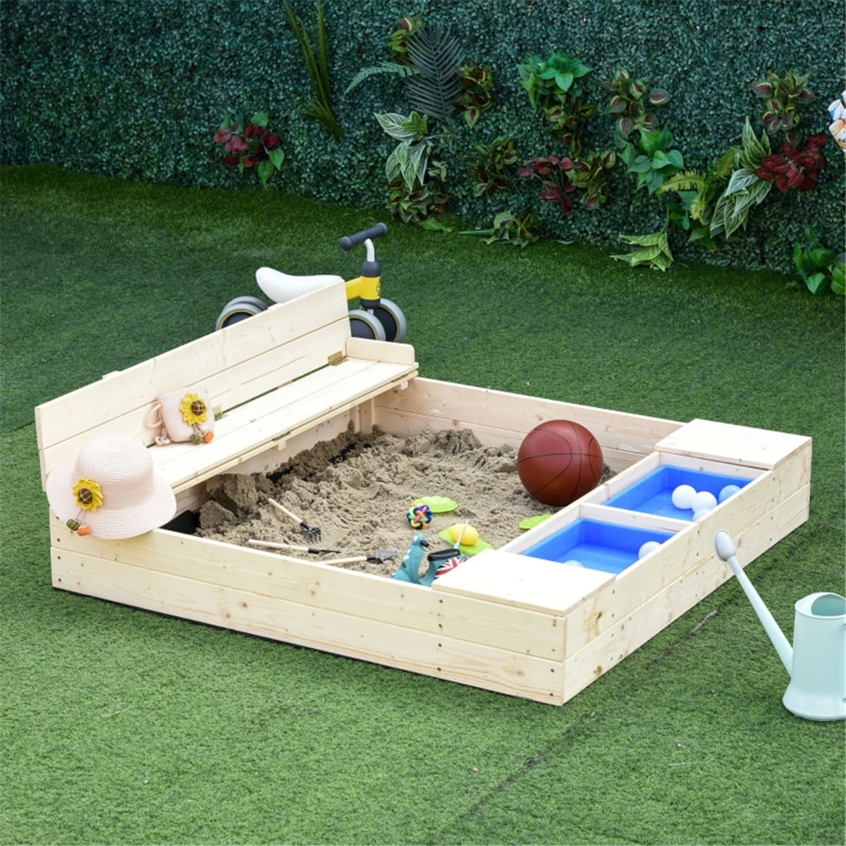 CHEERFUN Kids Sandbox with Bench and Cover, Wooden Outdoor Play Sand ...