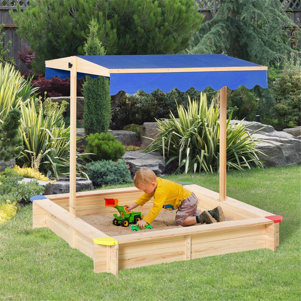 CHEERFUN Kids Wooden Sandbox with Canopy, Outdoor Play Sandpit for ...