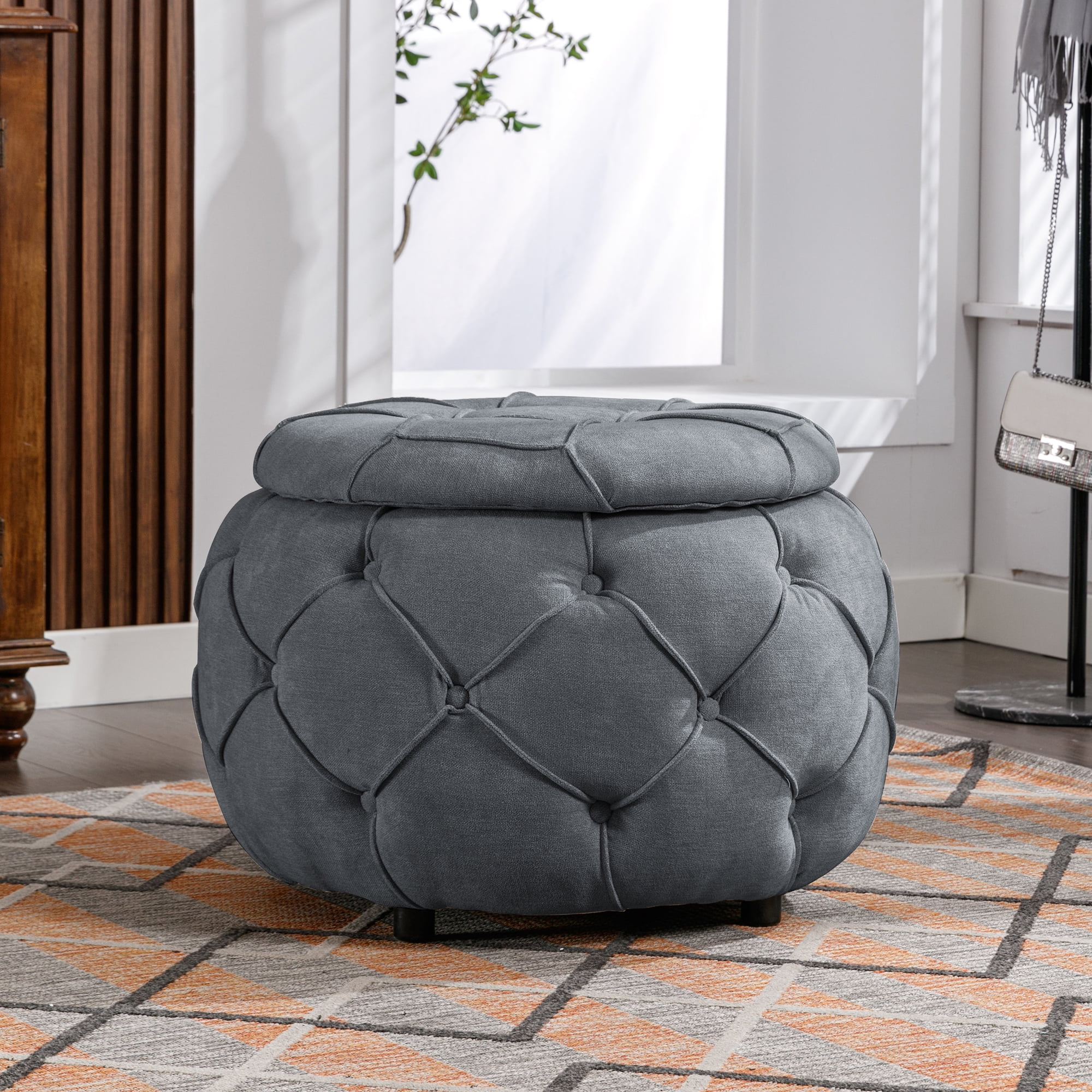 CHEERFUN Large Button Tufted Woven Velvet Round Storage Ottoman ...