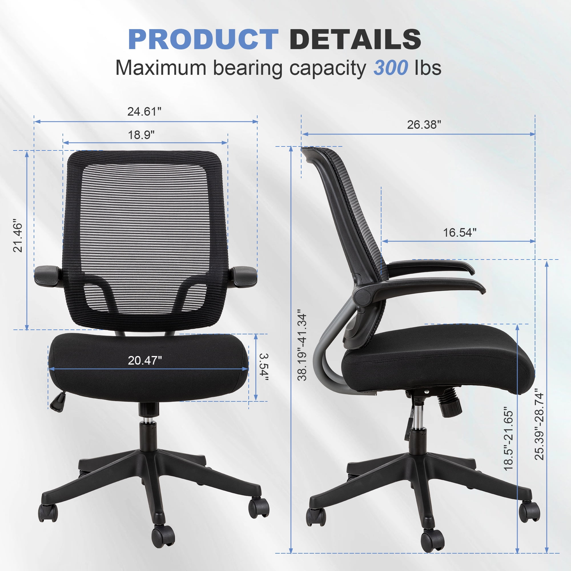 CHEERFUN Mid Back Office Chair with Flip-Up Arms, Mesh Seat, 300LBS ...