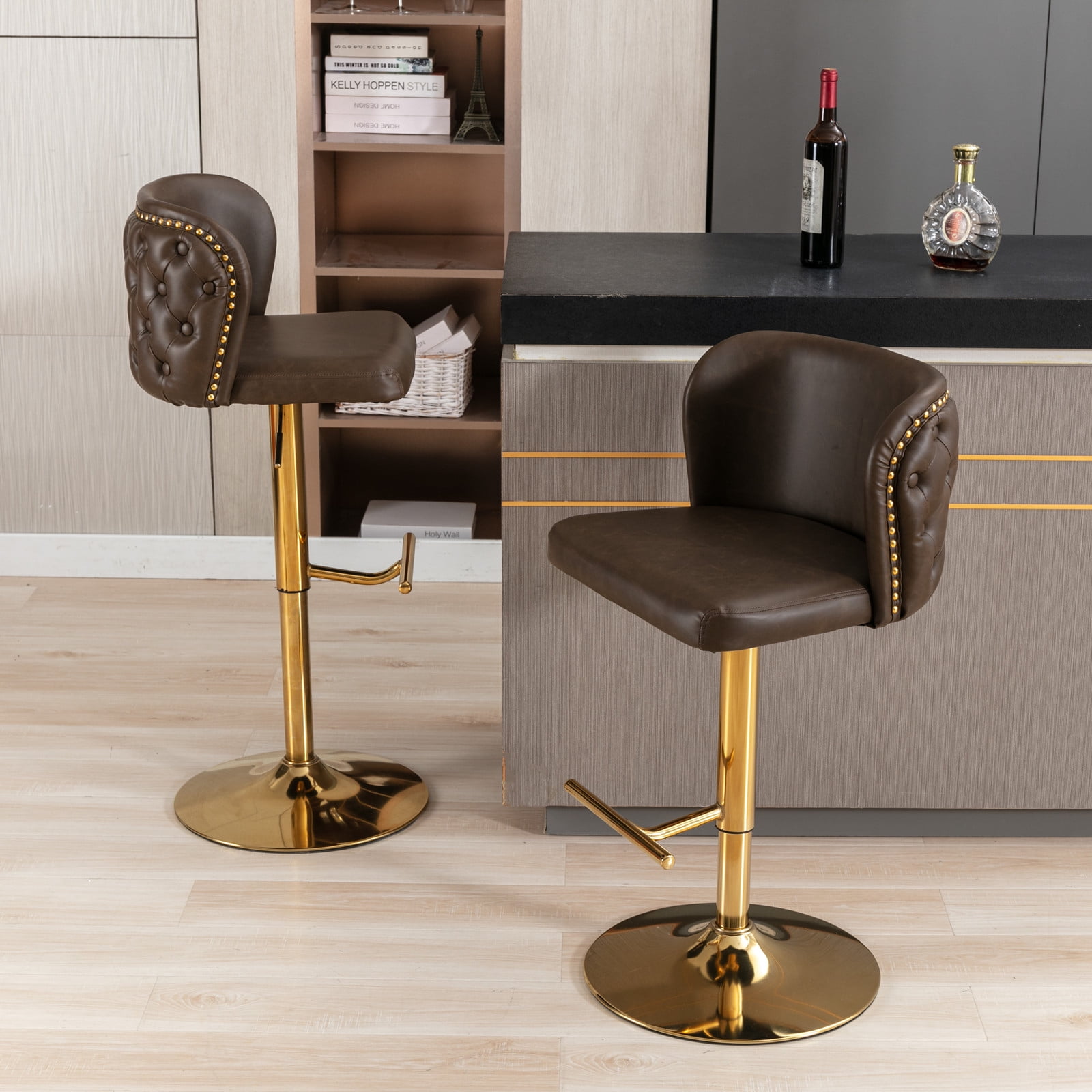 CHEERFUN Modern Adjustable Swivel Bar Stools, PU Leather Upholstered ...