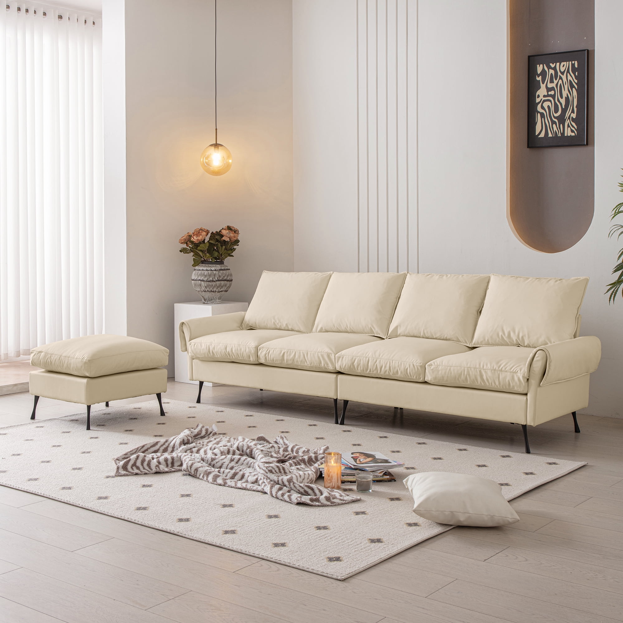 CHEERFUN Modern Beige L-Shaped Sofa with Convertible Ottoman, Technical ...