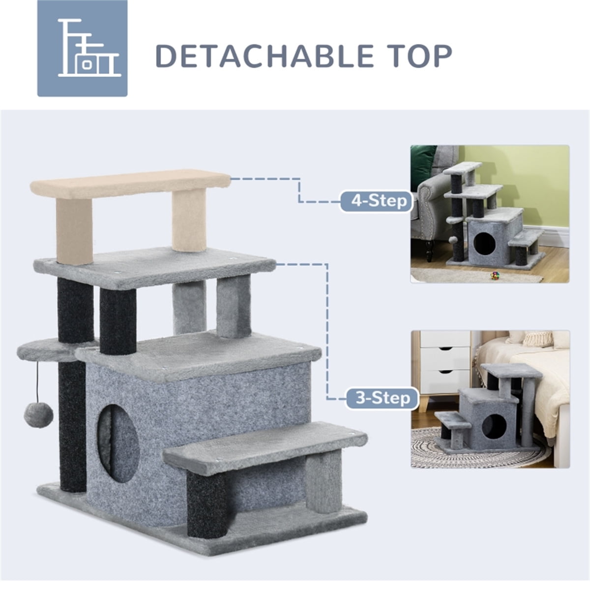 CHEERFUN Multi-Level Cat Tree with Detachable Top, 3-Step and 4-Step ...