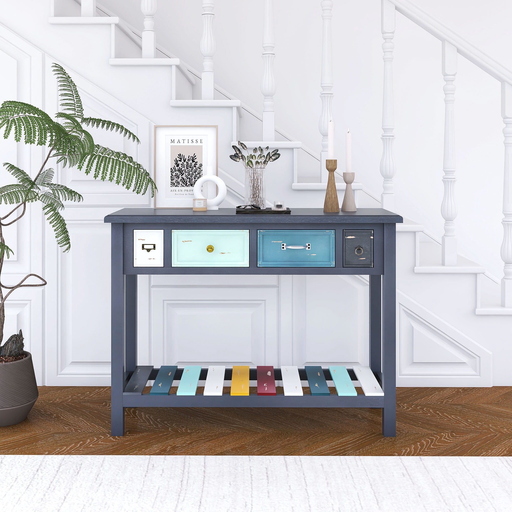 CHEERFUN Multicolor Console Table with 4 Drawers and Bottom Shelf ...