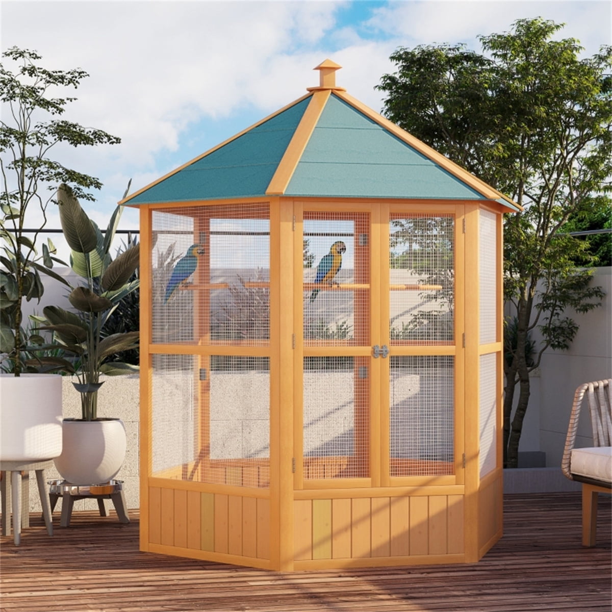 CHEERFUN Outdoor Wooden Bird Cage with Weatherproof Roof, Large Aviary ...