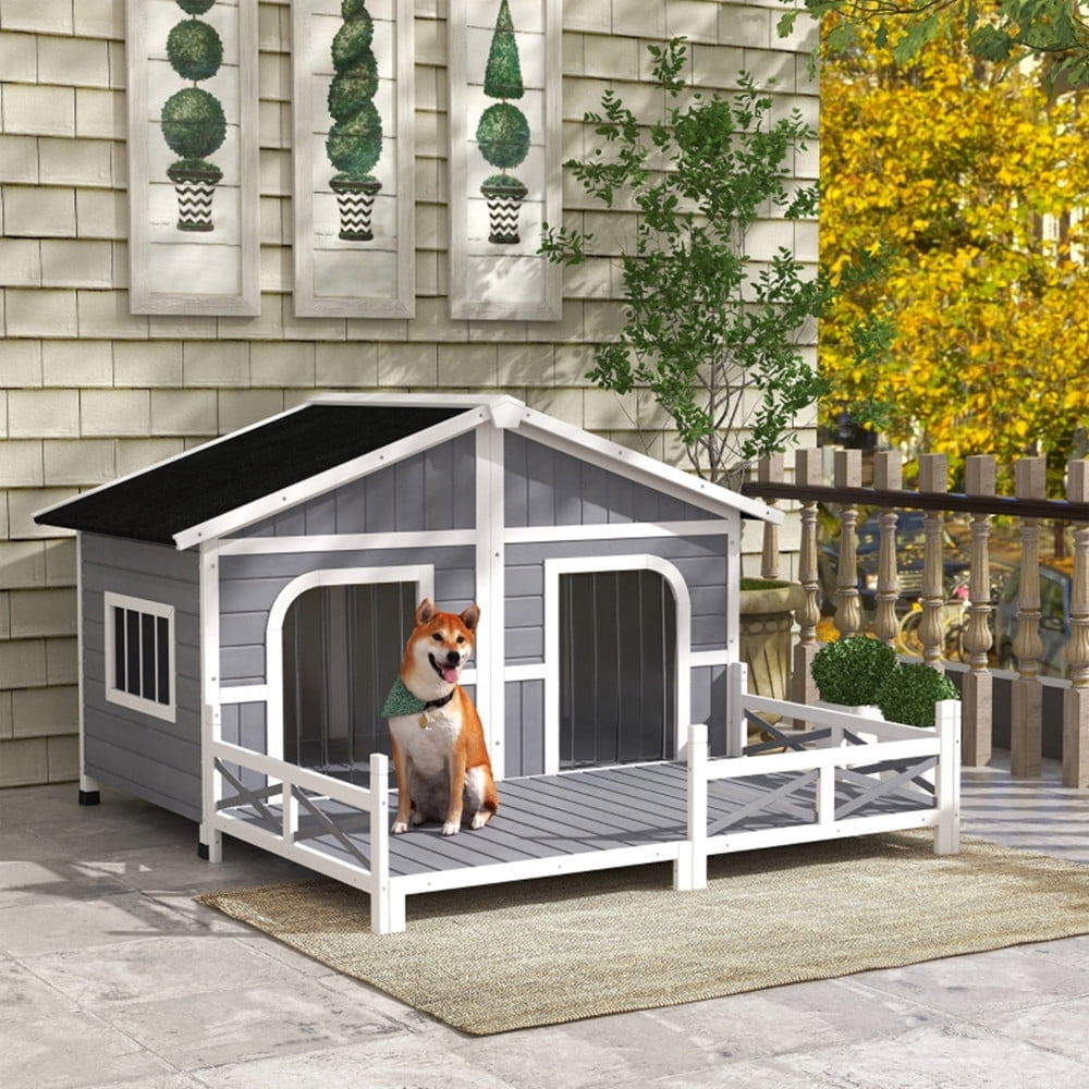 CHEERFUN Outdoor Wooden Dog House with Porch, Weatherproof Pet Shelter ...