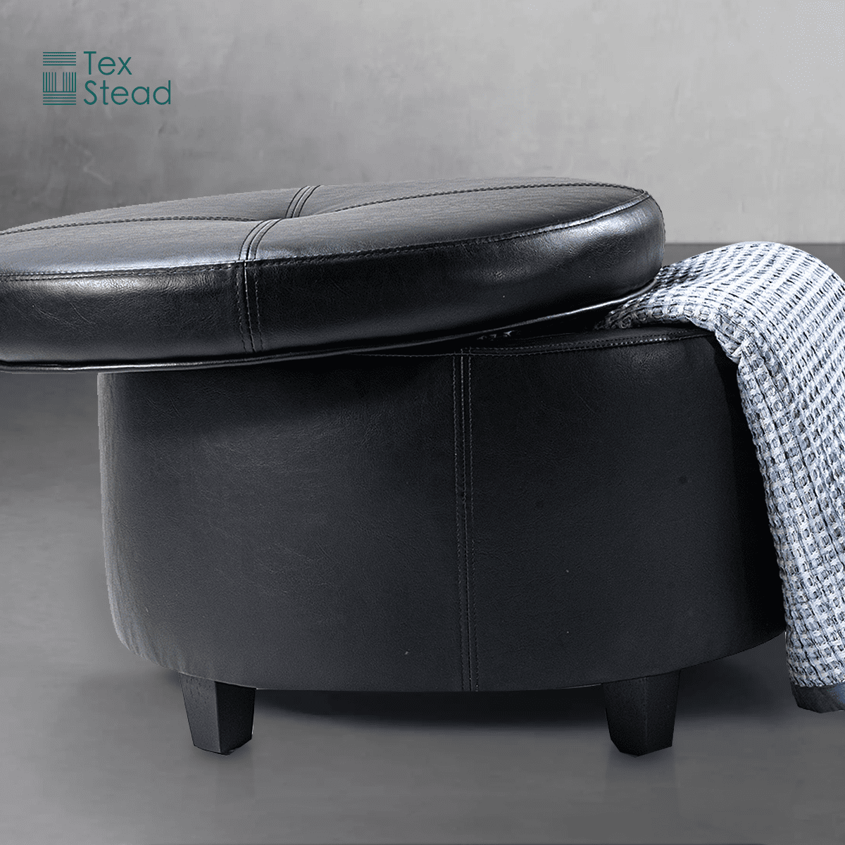 CHEERFUN Round Leather Storage Ottoman Footstool with Lid - Hardwood ...