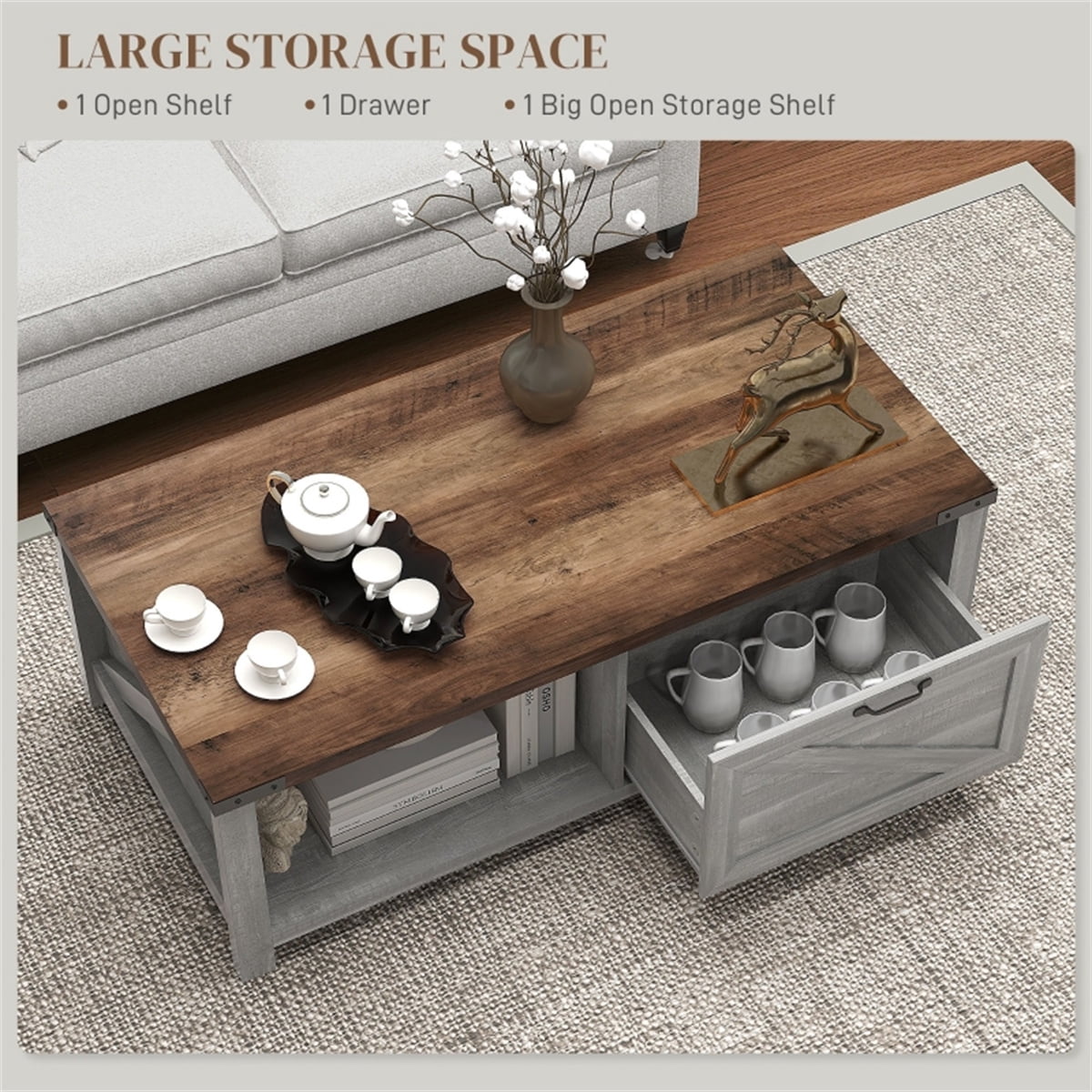 CHEERFUN Rustic Coffee Table with Storage, Wood Finish, Drawer and Open ...
