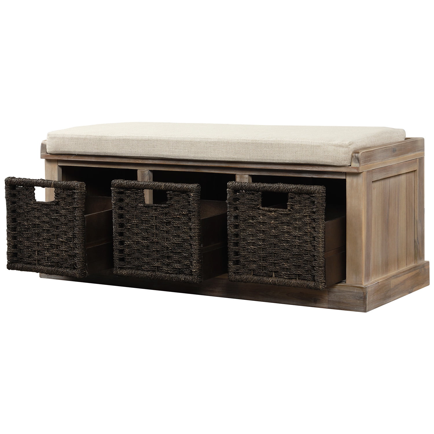 CHEERFUN Rustic Storage Bench with 3 Removable Rattan Baskets, Entryway ...