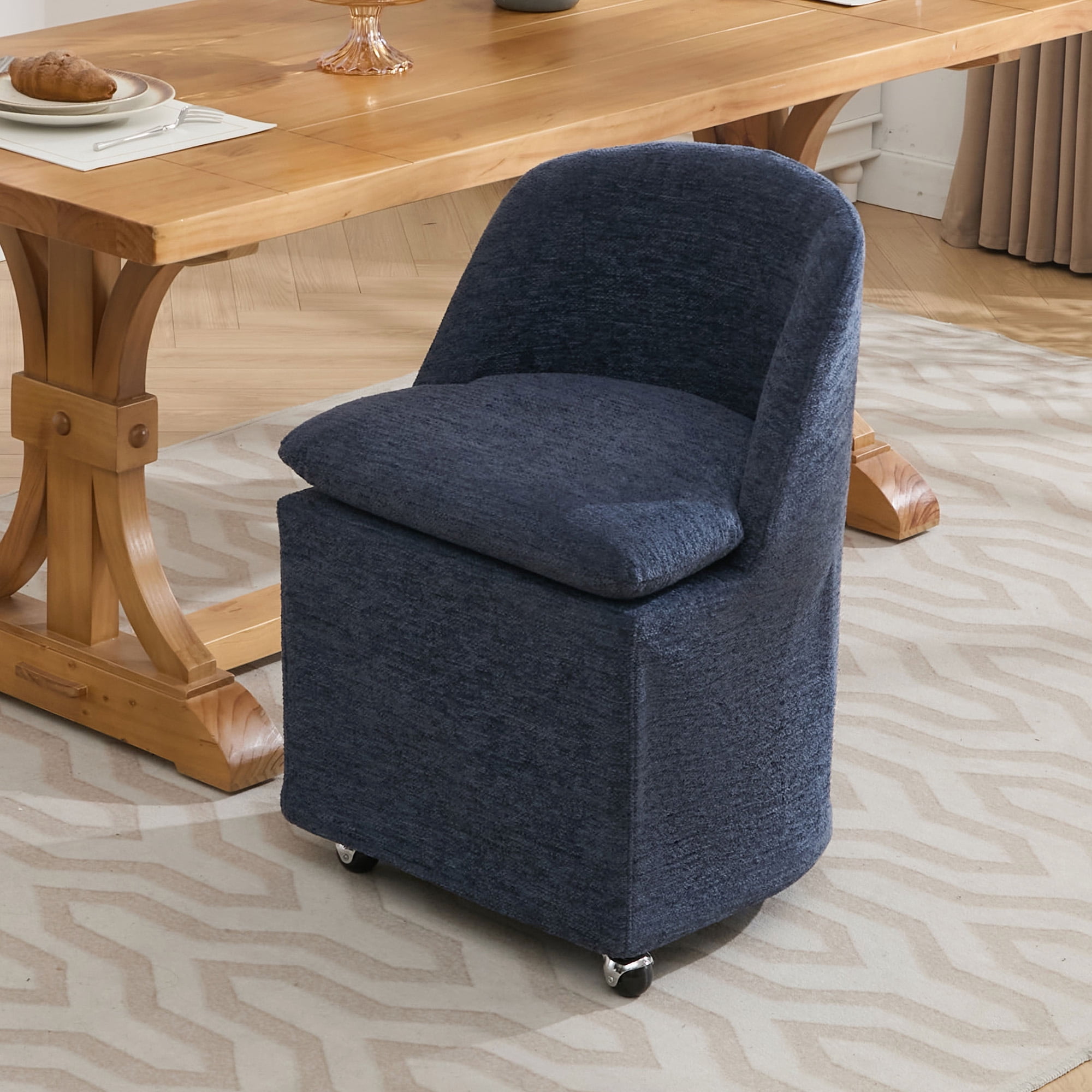 CHEERFUN Set of 2 Chenille Fabric Dining Chairs with Universal Wheels ...
