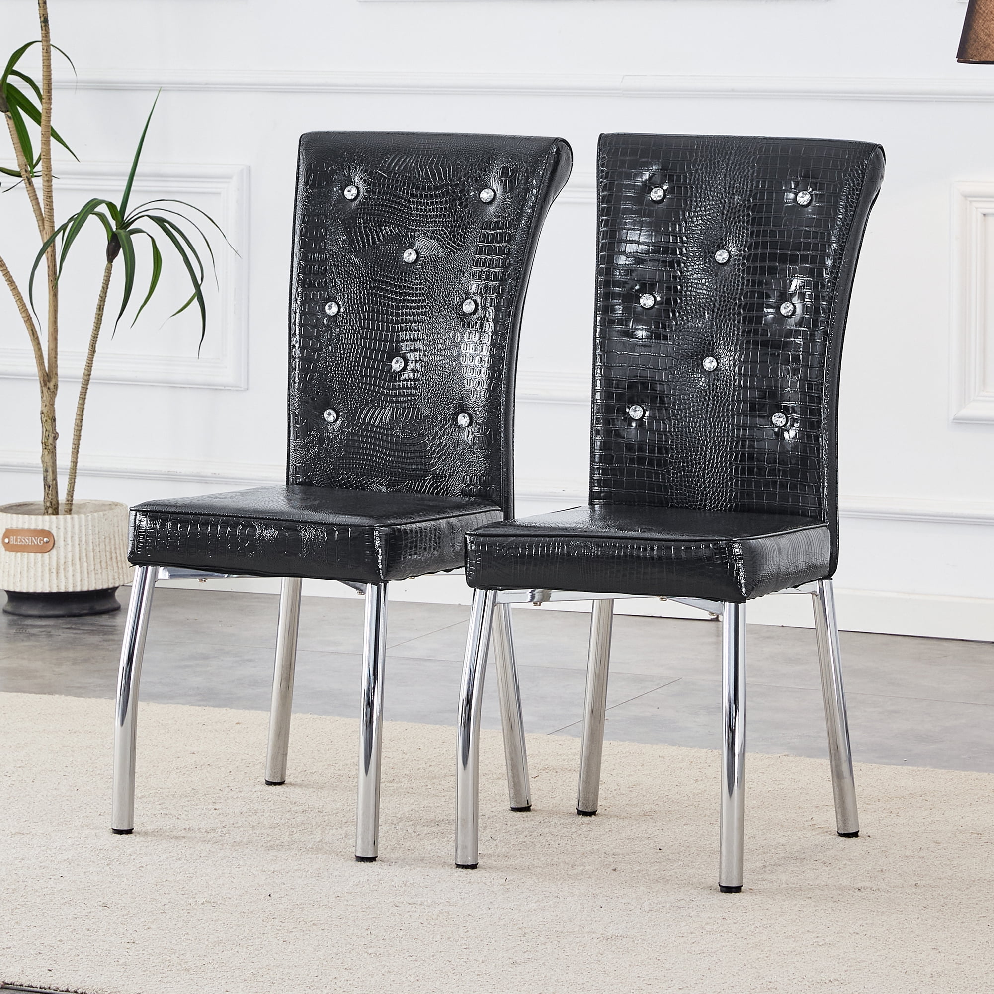 CHEERFUN Set of 2 Retro Alligator Skin Dining Chairs with Crystal ...