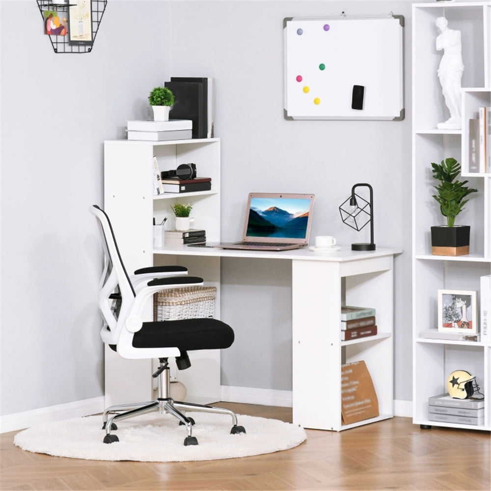 CHEERFUN White Corner Office Desk with Bookshelves, Space-Saving ...
