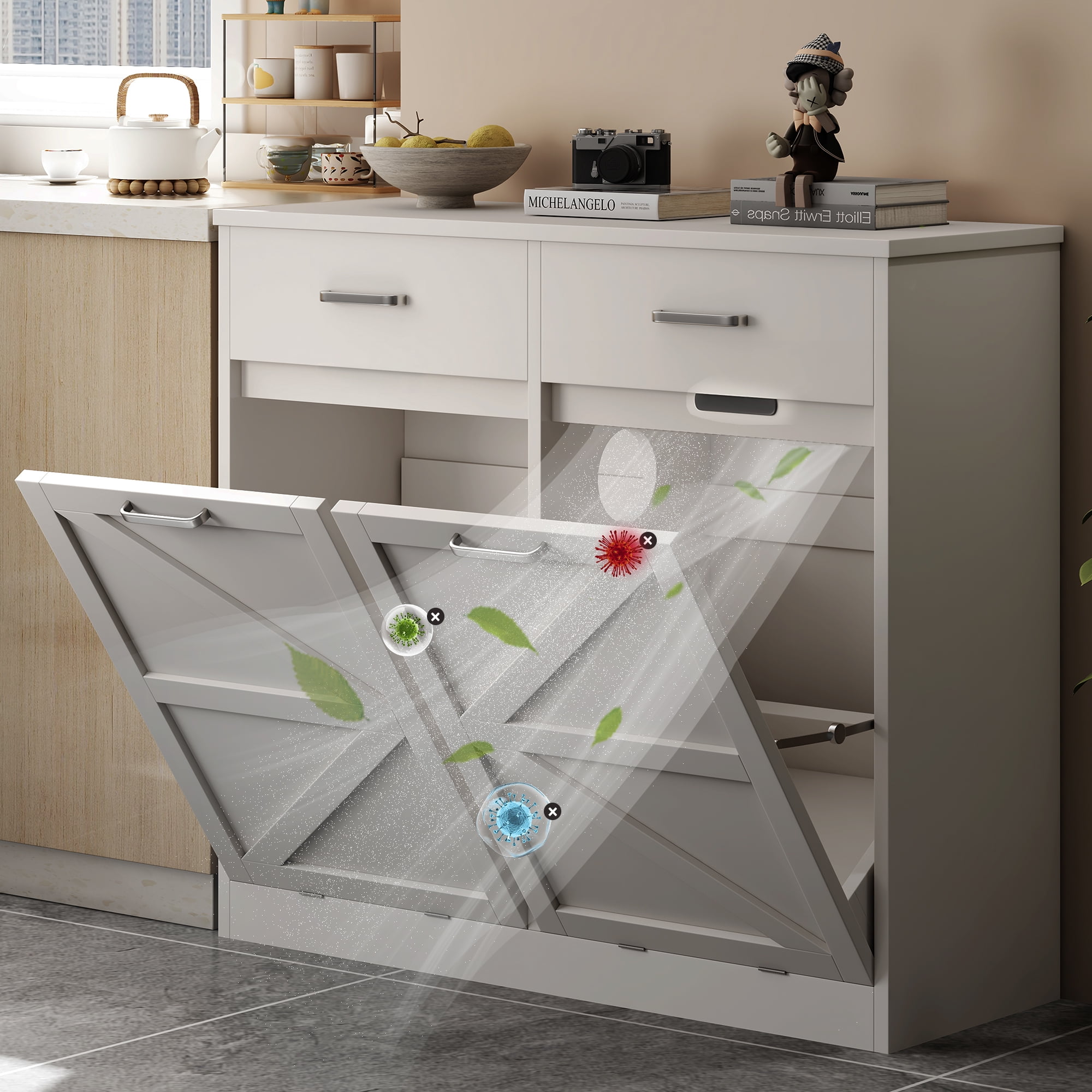 CHEERFUN White Wooden Tilt-Out Trash Cabinet with 2 Drawers ...