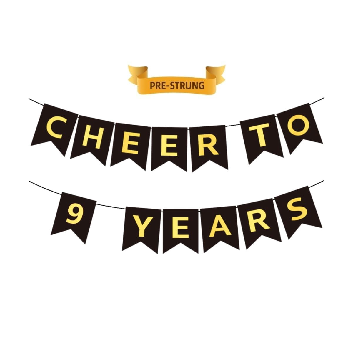 CHEERS TO 9 YEARS SSF20 Banner, Pre-Strung, Black Gold 9th Birthday and ...