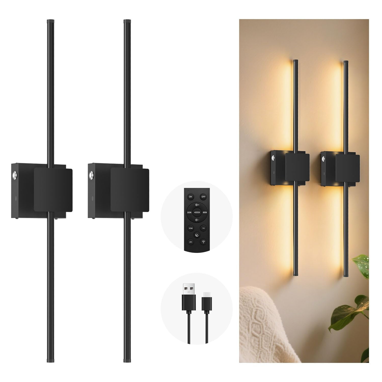 CHEFPREFER Wall Sconces Set of Two - Battery Operated Wall Sconce with ...