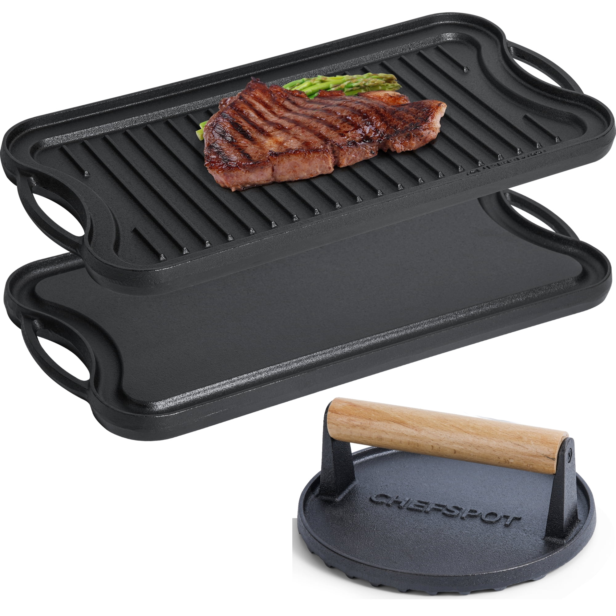 CHEFSPOT 2PC Preseasoned Cast Iron Set: Reversible Griddle Pan with ...
