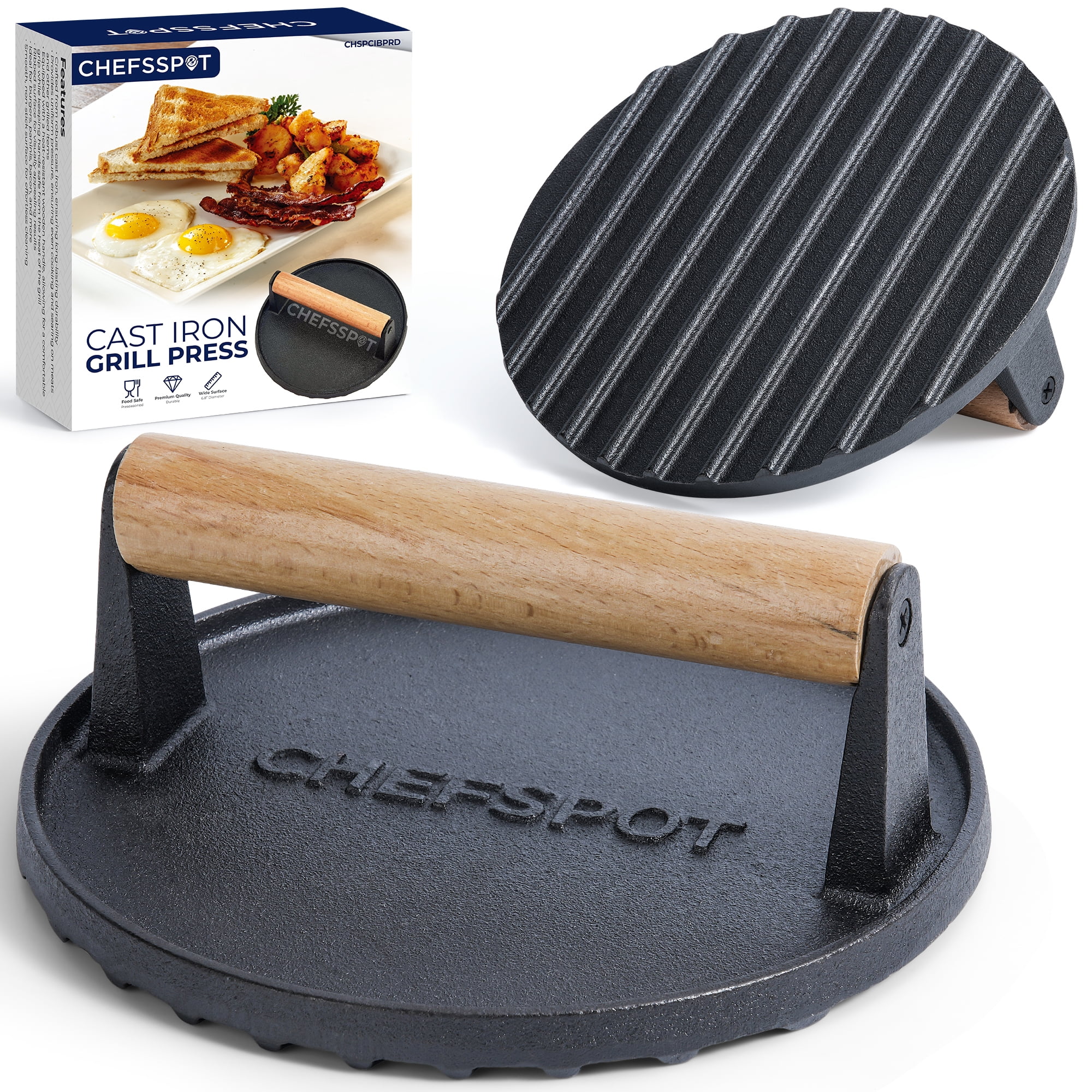 Chefspot Preseasoned Cast Iron Grill Press - Perfect for Hamburgers ...