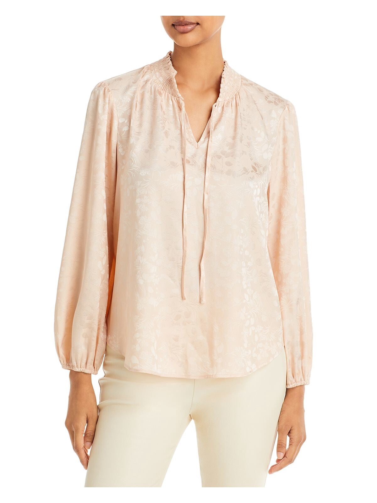 CHENAULT Womens Beige Smocked Tie Unlined Round Hem Floral Long Sleeve ...