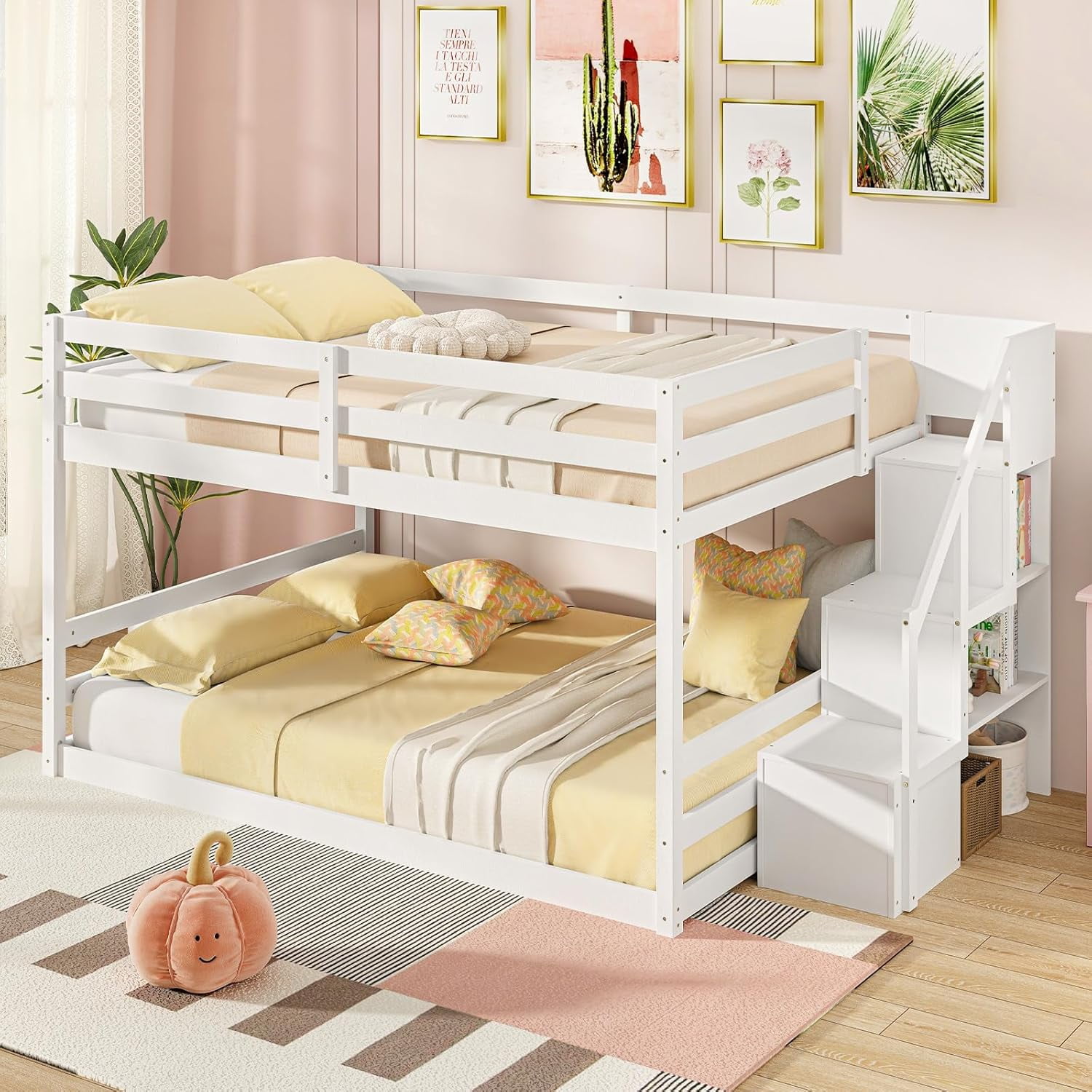 CHENCHEN Twin Over Twin Bunk Bed with Stairs, Solid Wood Floor Bunk Bed ...
