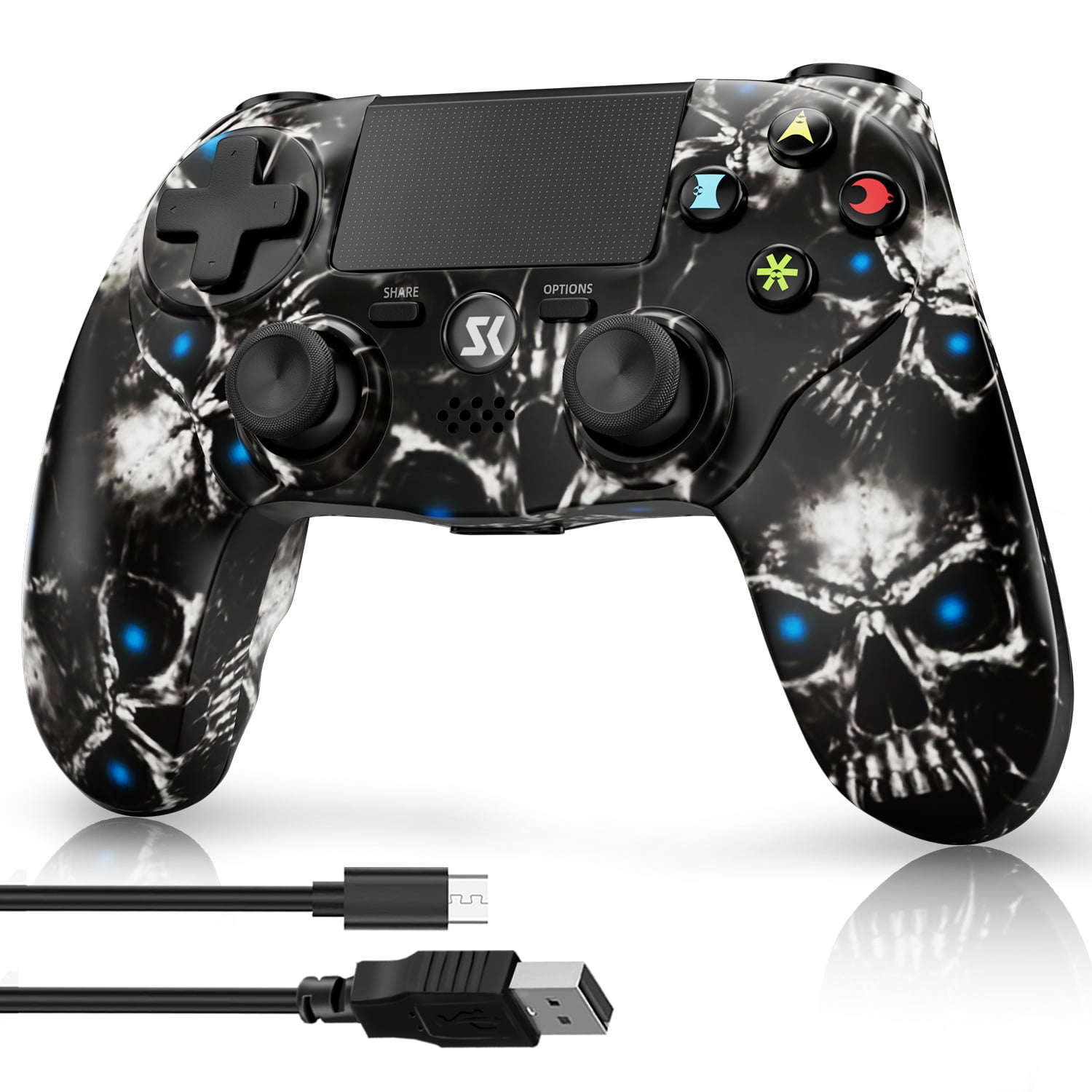 CHENGDAO Wireless Controller for PS4 and PC, Black with Skull Graphics, 6-Axis Sensor, Dual ...